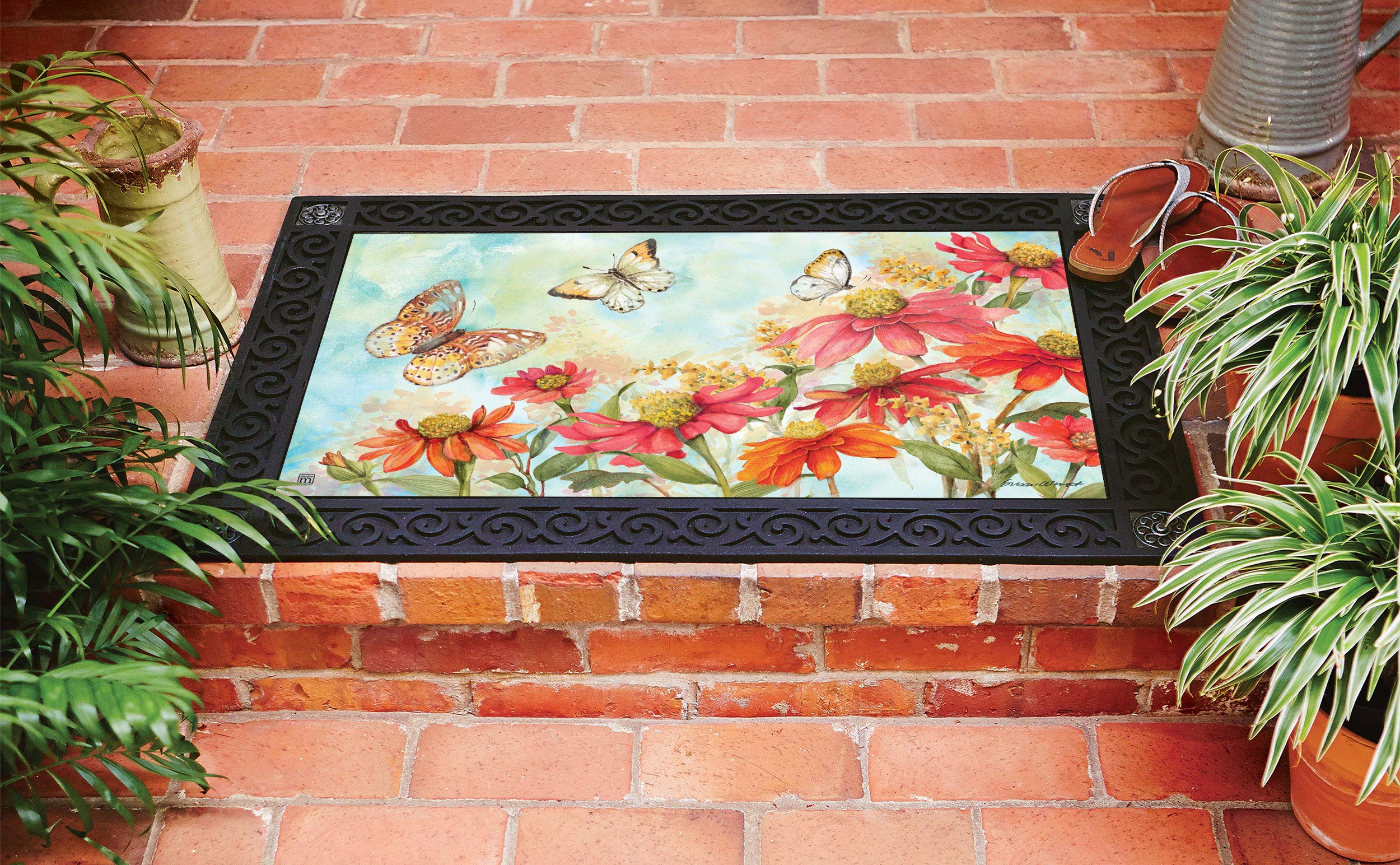 Studio M MatMates Summer Zinnias Decorative Floor Mat Indoor or Outdoor Doormat with Eco-Friendly Recycled Rubber Backing, 18 x 30 Inches