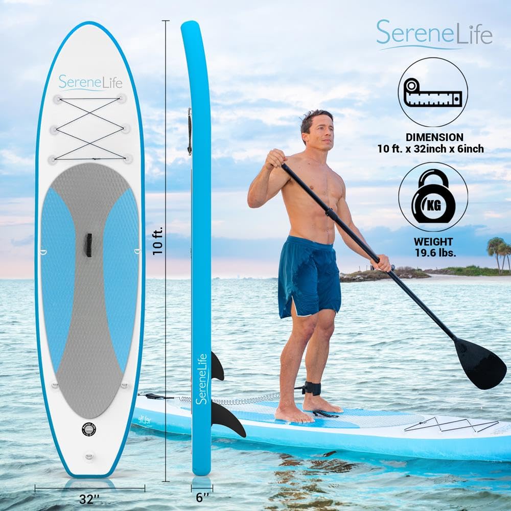 SereneLife Stand up Paddle Board Inflatable - Non-Slip SUP Paddle Board Paddle, Pump, Leash, and Accessories - Fun Water inflatable paddle board for Adults and Youth with Wide Stable Design