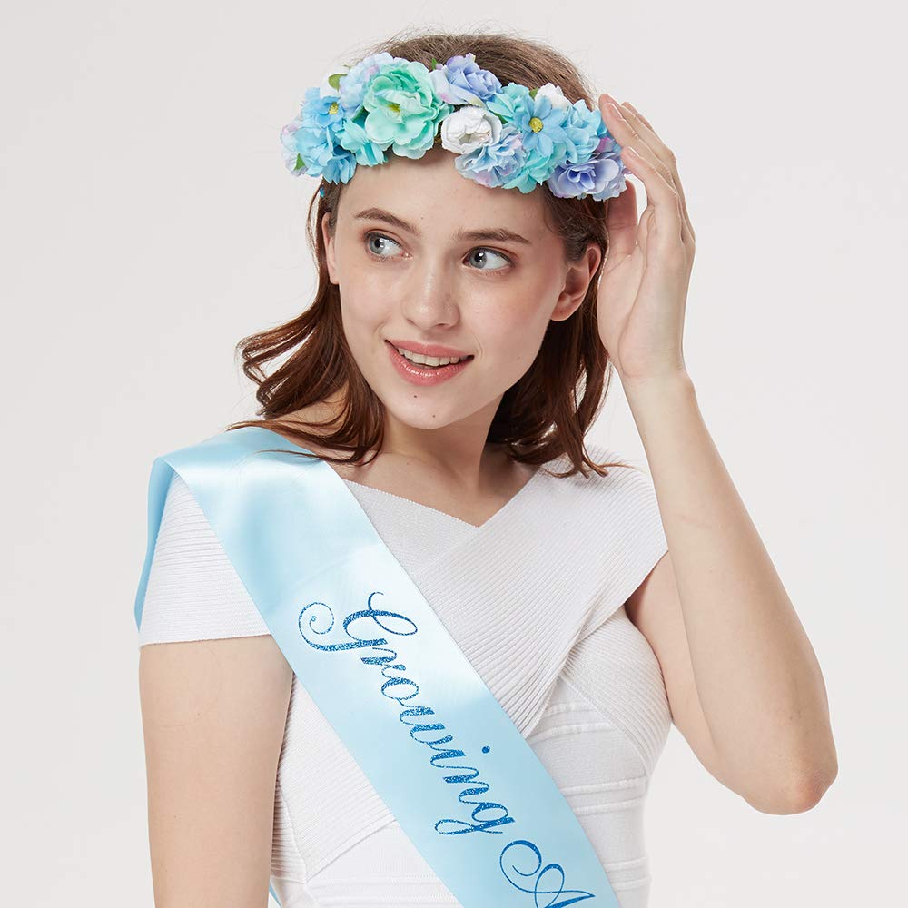 TTCOROCK Growing a Prince Sash & Flower Crown & Daddy to be Button Pin Kit - Baby Shower Sash Prince Baby Boy Shower Baby Sprinkle (Blue)
