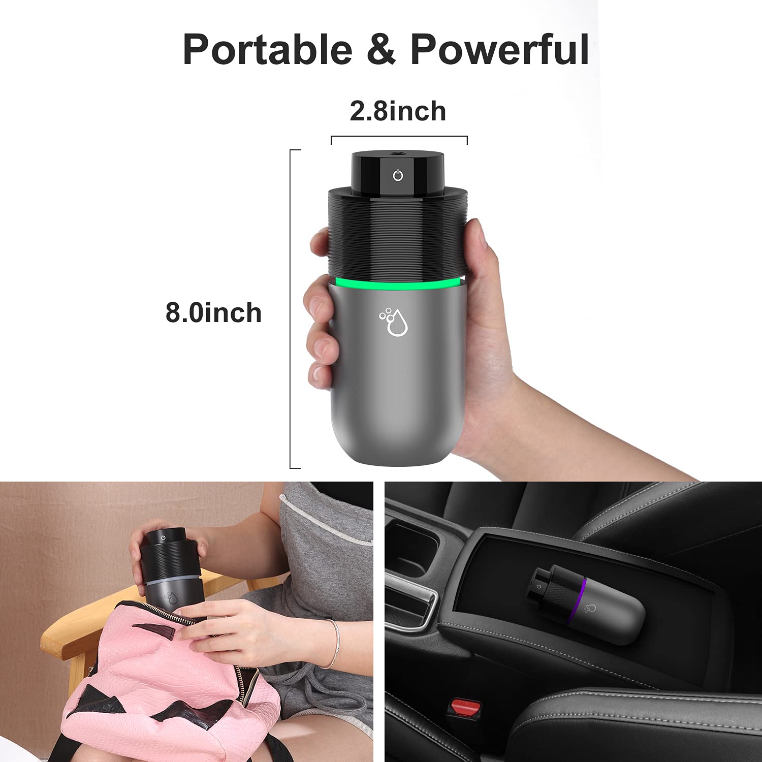 Vyaime Car Diffuser Car Humidifier, USB Essential Oil Diffusers 7 Colors LED Lights 200mL Big Capacity Aromatherapy Diffuser(Black-Grey)