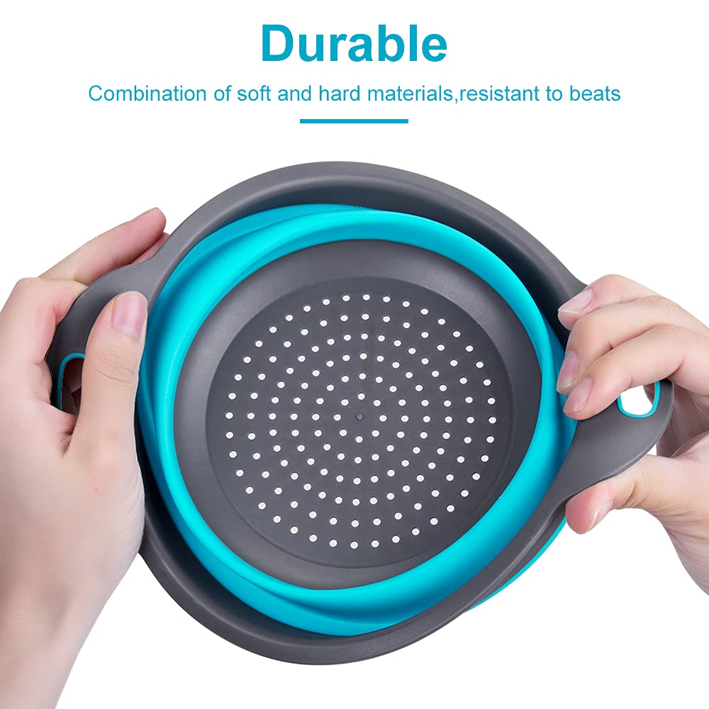 zoopod Collapsible Colander Basket 2 of Set,Vegetables Fruit Washing Basket Drain Tool,Small & Big Size Silicone Telescopic Colander with Handle For Kitchen/Home/Restaurant Round Shape 3 Color(Blue)