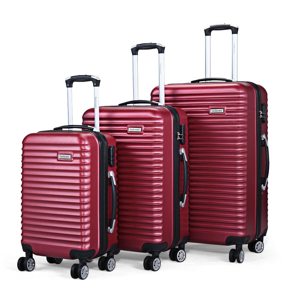 Sandinrayli Hardside Luggage Set, 20" Carry-On, 24" & 28" Suitcase with Spinner Wheel, Lightweight & Durable ABS, Wine Red