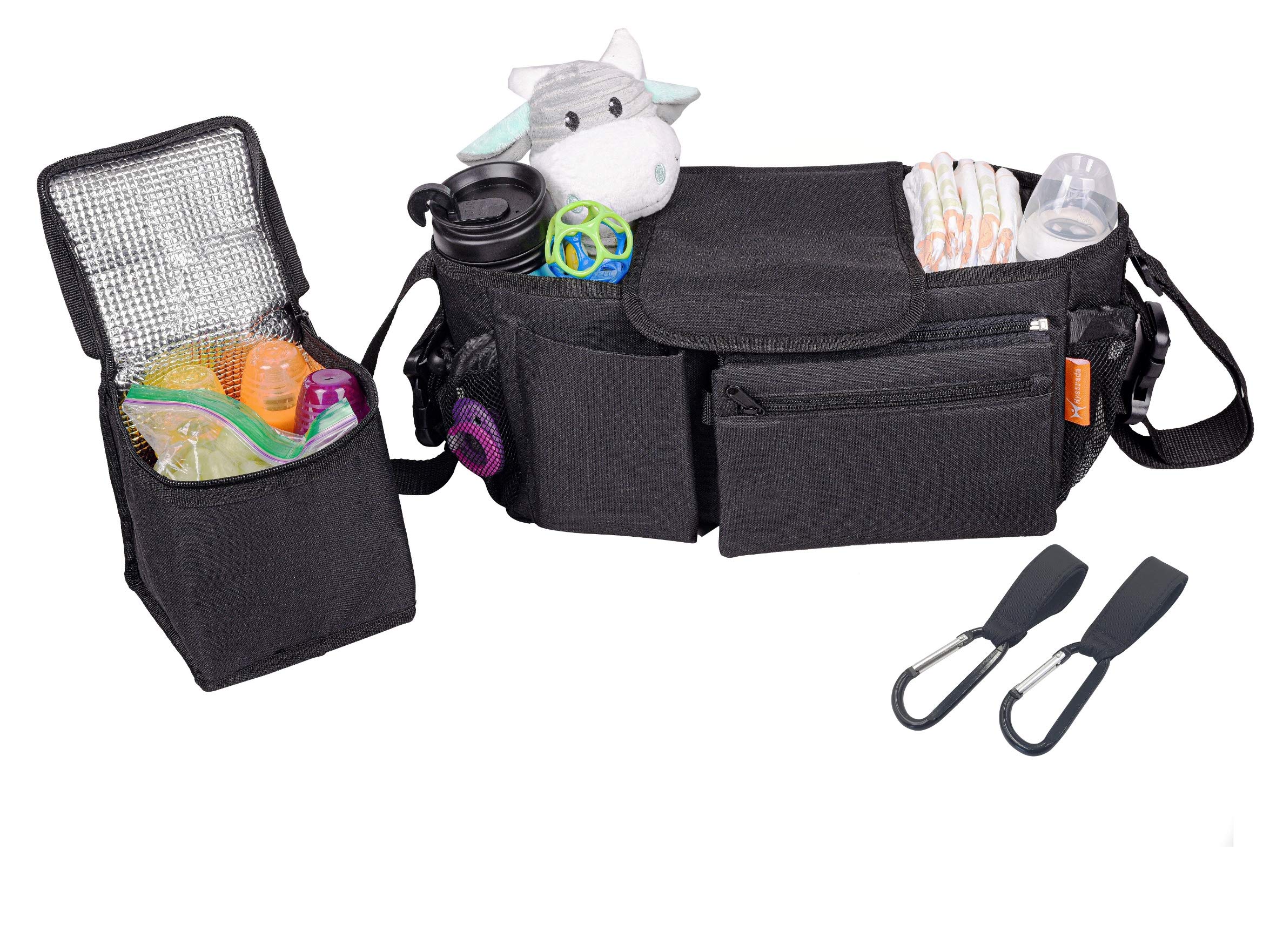 Universal Baby Stroller Organizer –Black Universal Stroller Caddy with Detachable Wristlet, Insulated Cool Bag Insert and Multi-Pocket Storage – Adjustable Shoulder Strap and 2 Bonus Stroller Hooks