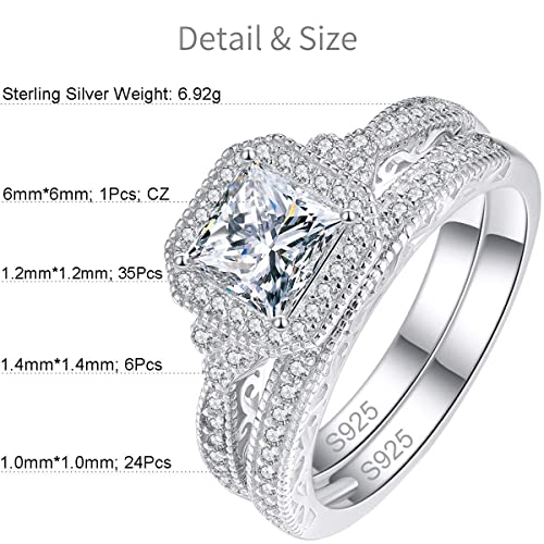 Yaresul 0.8ct Princess Cut Engagement Ring Sets 6X6mm White AAA Solitaire Cubic Zirconia Engagement Ring Set 925 Sterling Silver Wedding Ring Set for Women Size 6.5