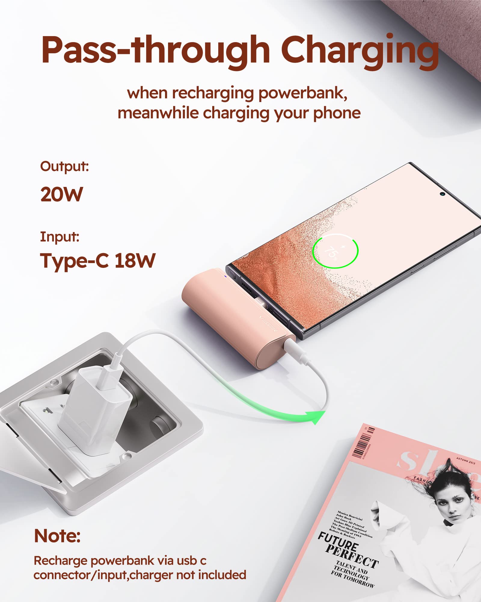 VEGER Portable Charger, USB C Power Bank, 5000mAh Mini Battery Pack Fast Charging 20W Small Charging Bank for Samsung Galaxy S21, S20, S10, S9, Note 20, Pixel, Moto, LG, Oculus Quest, Android Phones