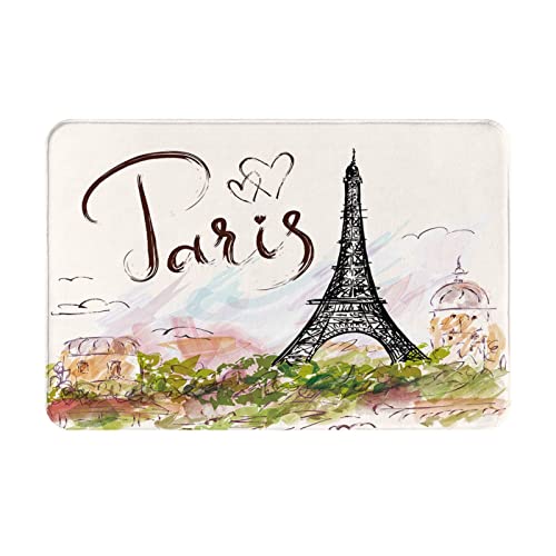 Wozukia Eiffel Tower Bathroom Mat Vintage Paris Art Eiffel Tower with Green Grass Non Slip Bathroom Carpet Absorbent Bathroom Carpet Kitchen Bedroom Decoration 23.6x15.7 inch