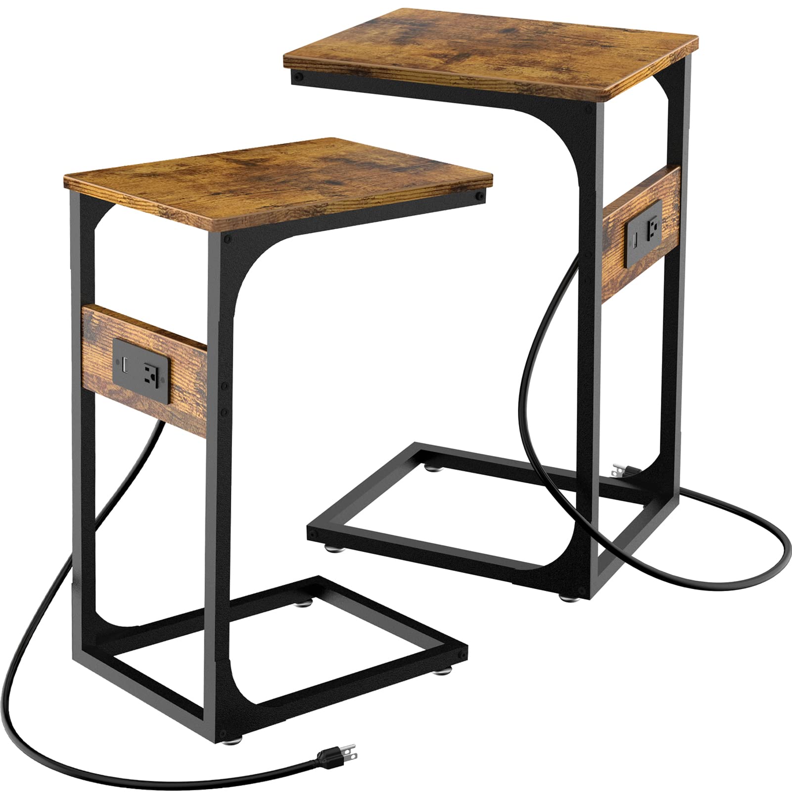 SUPERJARE C Shaped End Table with Charging Station, Bed Side Table with USB Port & Outlet, Couch Table, C Table for Living Room, Set of 2, Rustic Brown