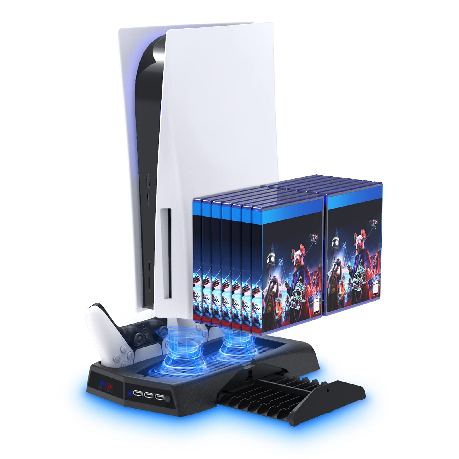 YUANHOT Vertical Cooling Stand Compatible with PS5 Console, Charging Station Dock with Controller Charger Ports and Retractable Game Storage - Black