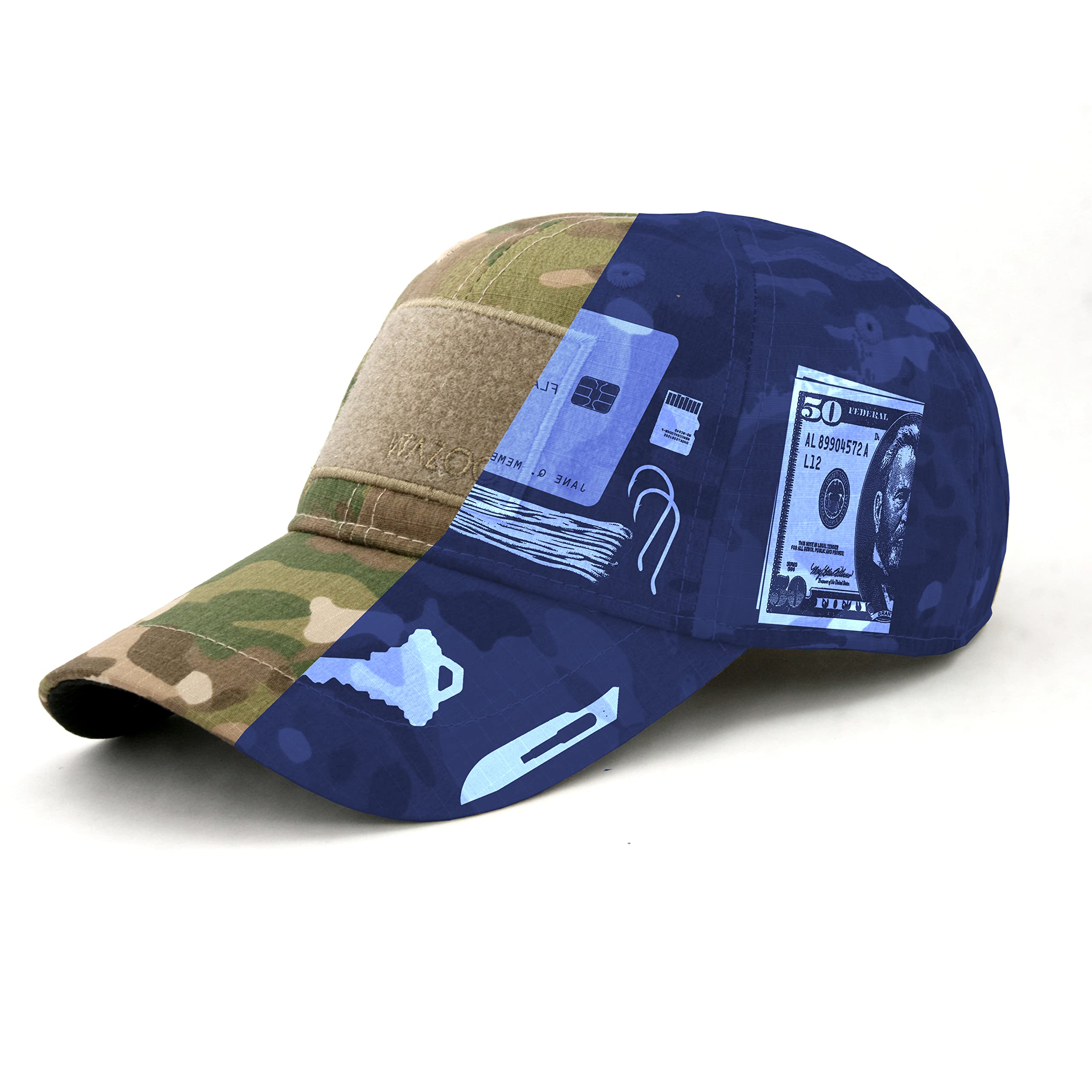 Wazoo Camo Cache Cap | Travel, Tactical & Everyday Carry Cap | 6 Hidden Pockets for Emergency Cash, Documents, Keys and Toolls | Morale Patch Panel