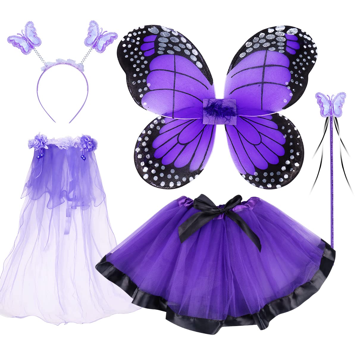 WILDPARTY Girl Fairy Costume Set with Butterfly Wings, Tutu, Magic Wand, Headband and Veil Costume Set for 3-8 Years Girl Dress up and Birthday Party Ballet Dance (Spotty Purple)