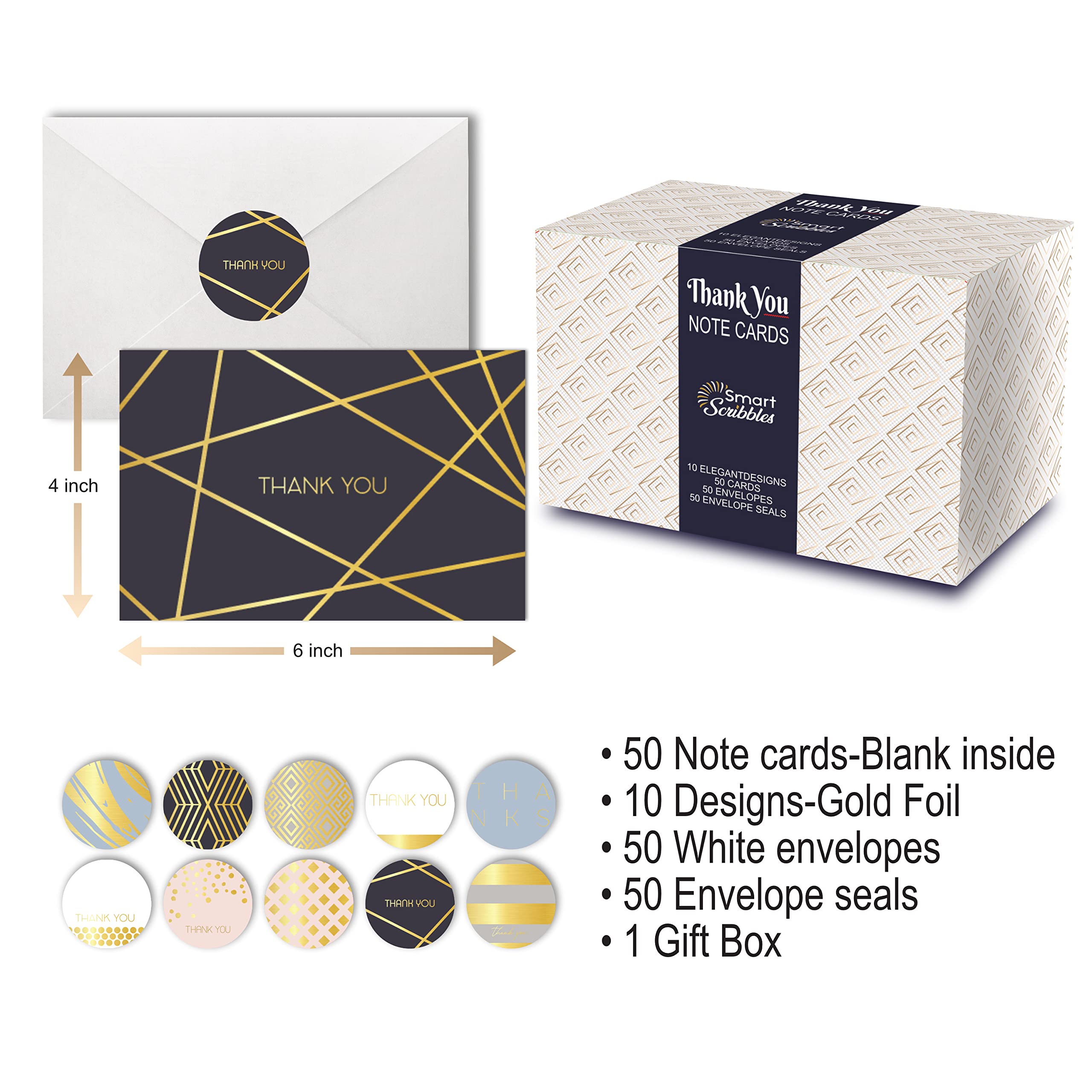Thank You Cards with Envelopes - 50 Assorted Note Cards Designs With Matching Stickers and White Envelopes - Storage Box Included- 4 x 6''