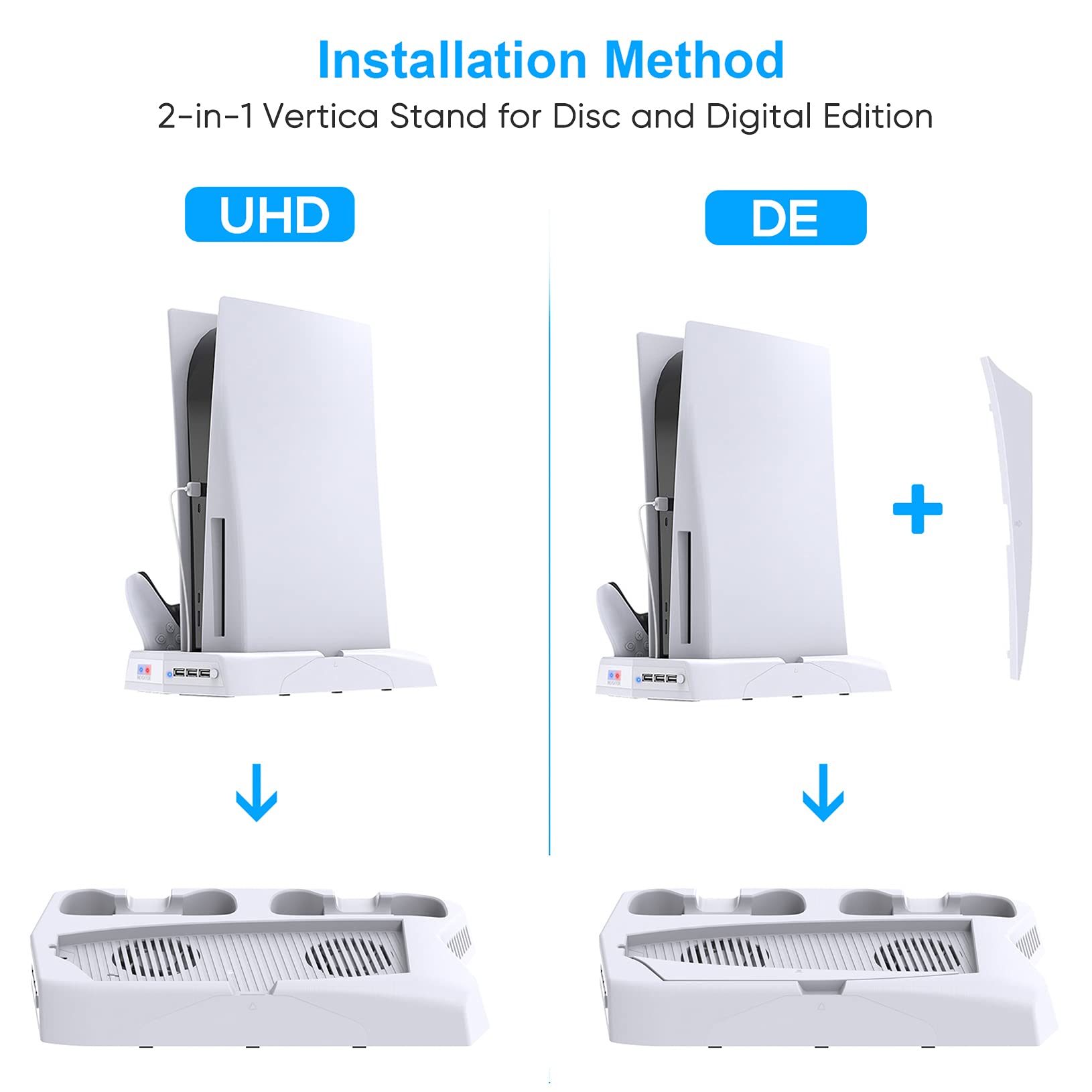 YUANHOT Vertical Cooling Stand Compatible with PS5 Console, Charging Station Dock with Controller Charger Ports and Retractable Game Storage - White
