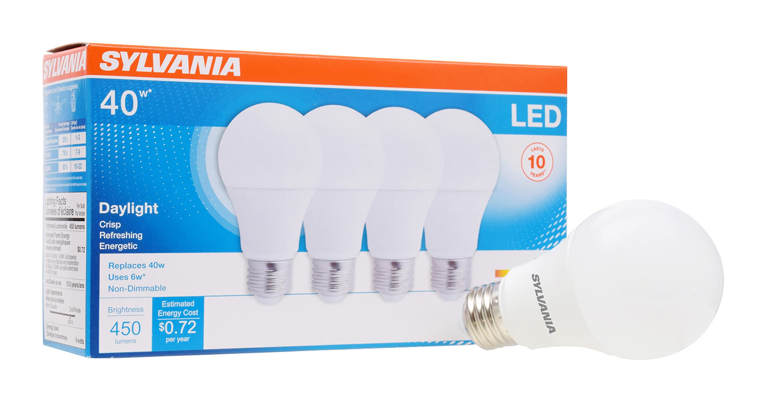SYLVANIA LED Light Bulb, 40W Equivalent A19, Efficient 6W, Medium Base, Frosted Finish, 450 Lumens, Daylight - 4 Pack (74084)