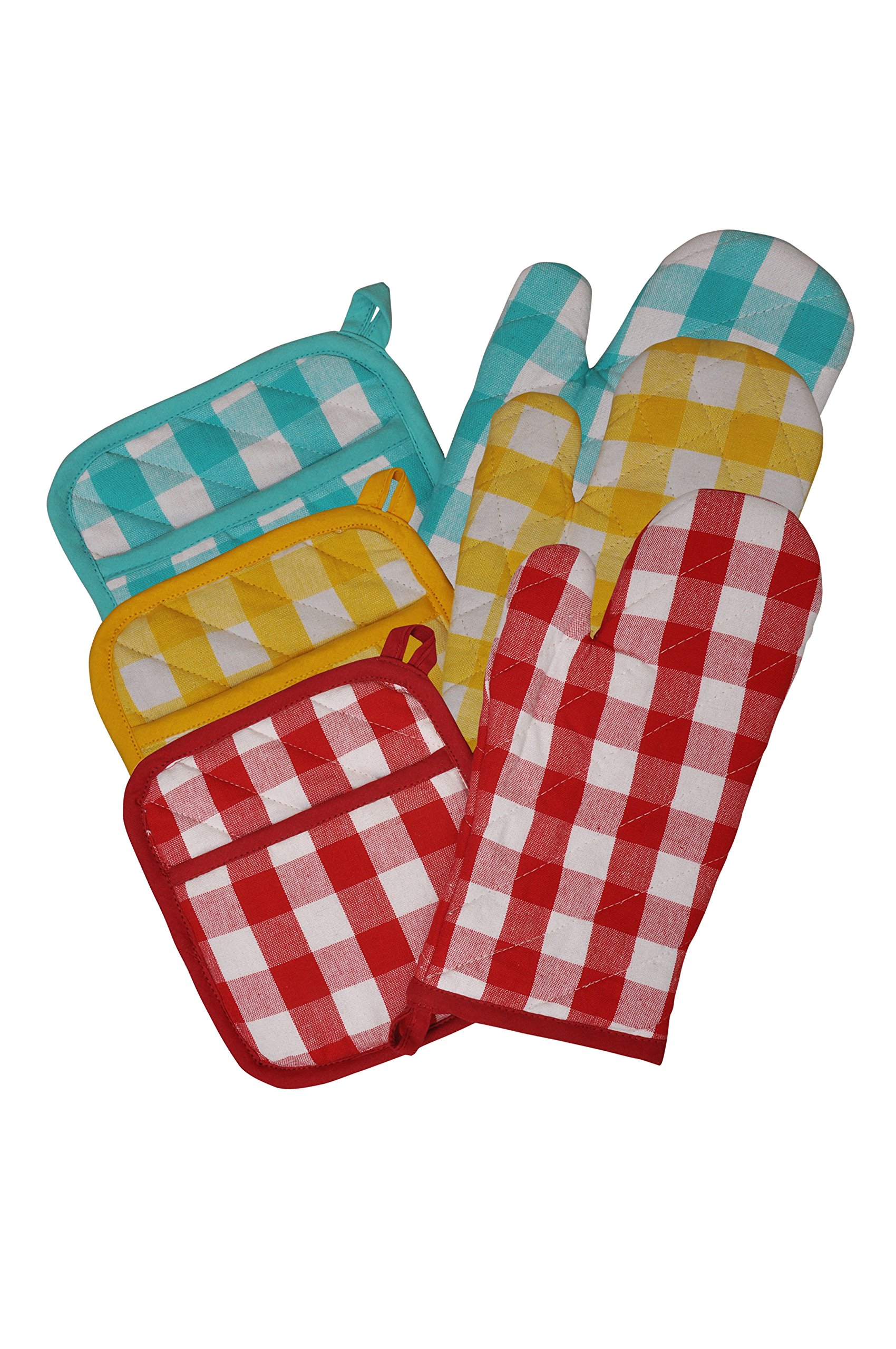 Yourtablecloth Set of Checkered Oven Mitt and Pot Holder or Oven Gloves-100% Cotton, Heat Resistance, Superior Protection & Comfort–Gingham Design-Machine Washable Red and White