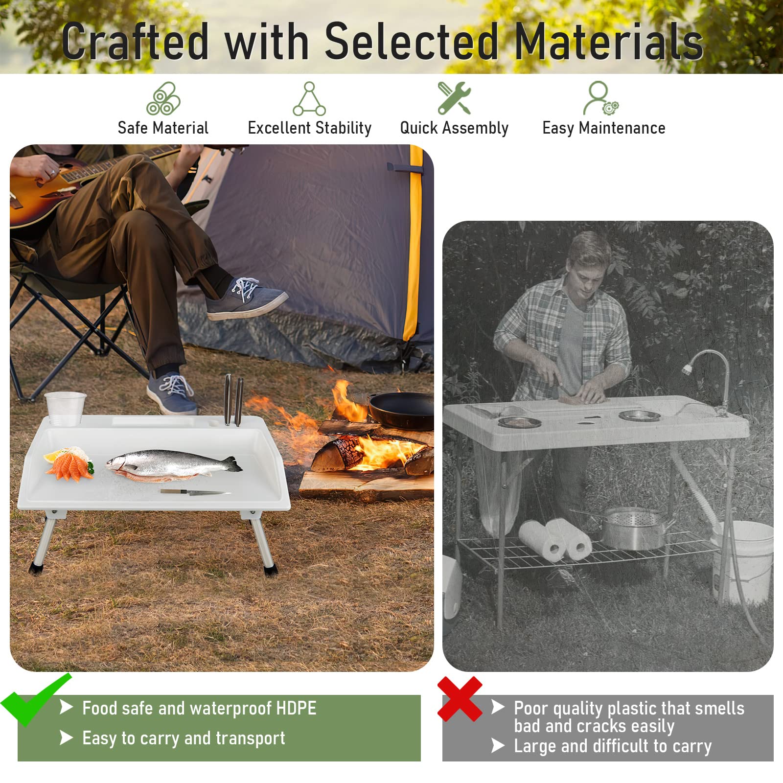 S AFSTAR Folding Fish Cleaning Table, Portable Fish Fillet Cutting Table w/Knife Slots, Cup Holder, Drainage Hose, Compact Boat Bait Table, Small Cutting Board for Camping Picnic Beach