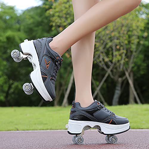 Women's Retractable Roller Skates Outdoor Girls Kick Roller Shoes Men Deformation Sneakers,Light blackr(浅黑色)-EU38/US7