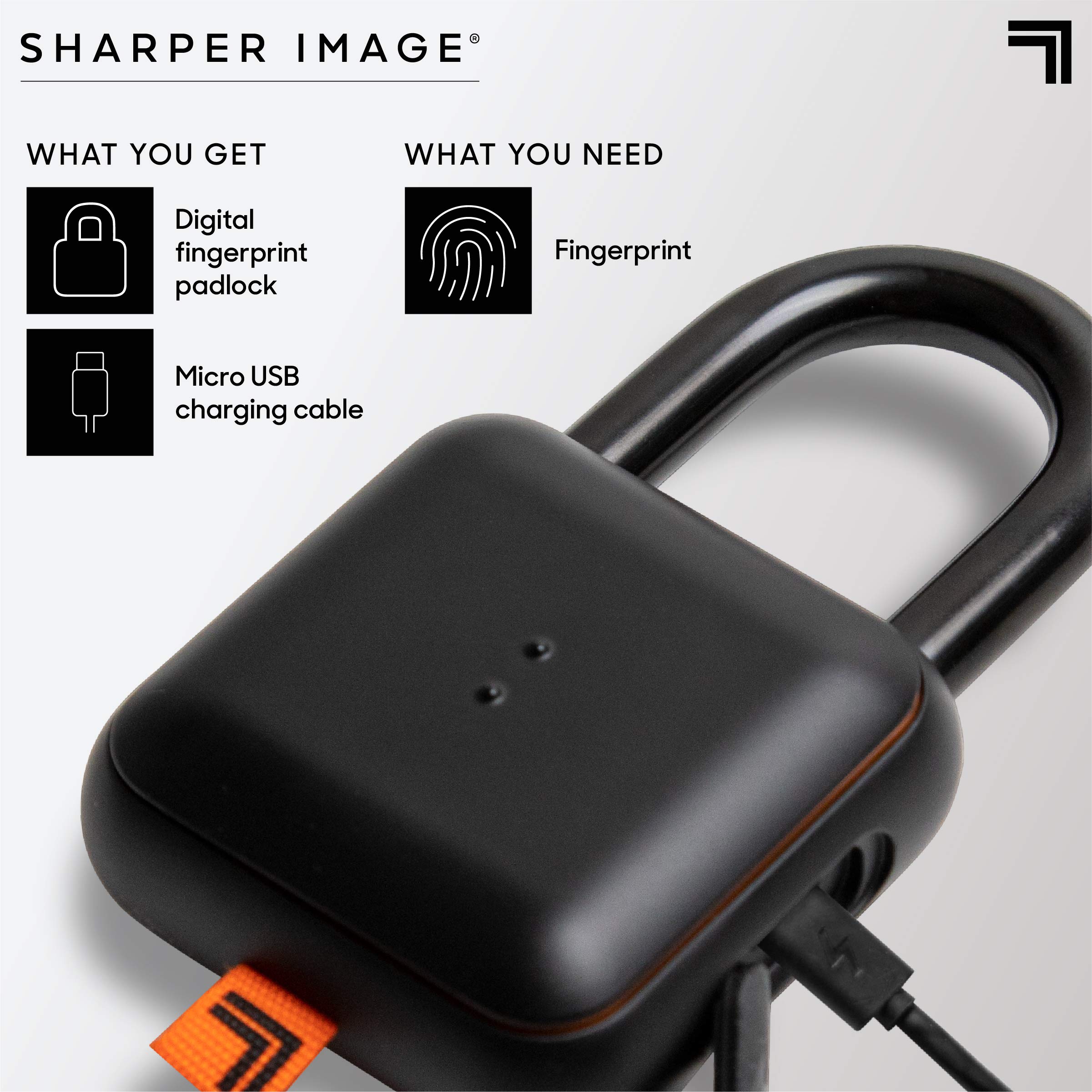 SHARPER IMAGE Fingerscan Digital Padlock, Biometric Keyless Code-Free Smart Lock, Rechargeable and IP66 Waterproof, Portable Security for Locker, Bike, Door, Gate, Home, Securely Unlock w/ Thumbprint