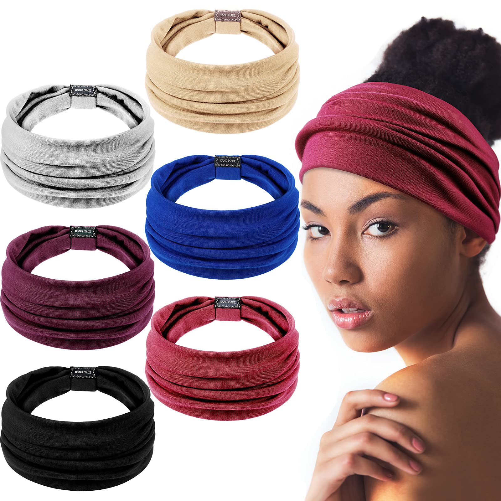 WILLBOND 6 Pcs Wide Headbands for Women African Boho Large Turbans Elastic Knotted Head Wrap Girl Big Yoga Sport Hair Band(Classic Pattern)