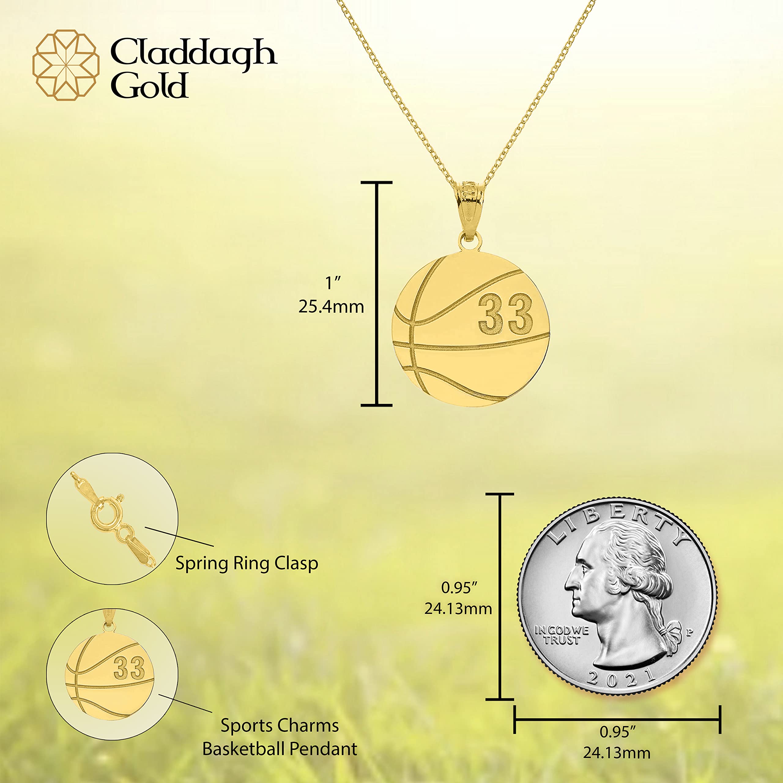 Sports Charms Certified 14k Yellow Gold Personalized Basketball Pendant with Your Name and Number