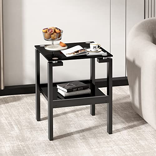 Tidyard Black Tempered Glass End Table with 2 Layer, Small Side Table Sofa End Side Table, Bedside Nightstand for Living Room Bedroom Kitchen Bathroom