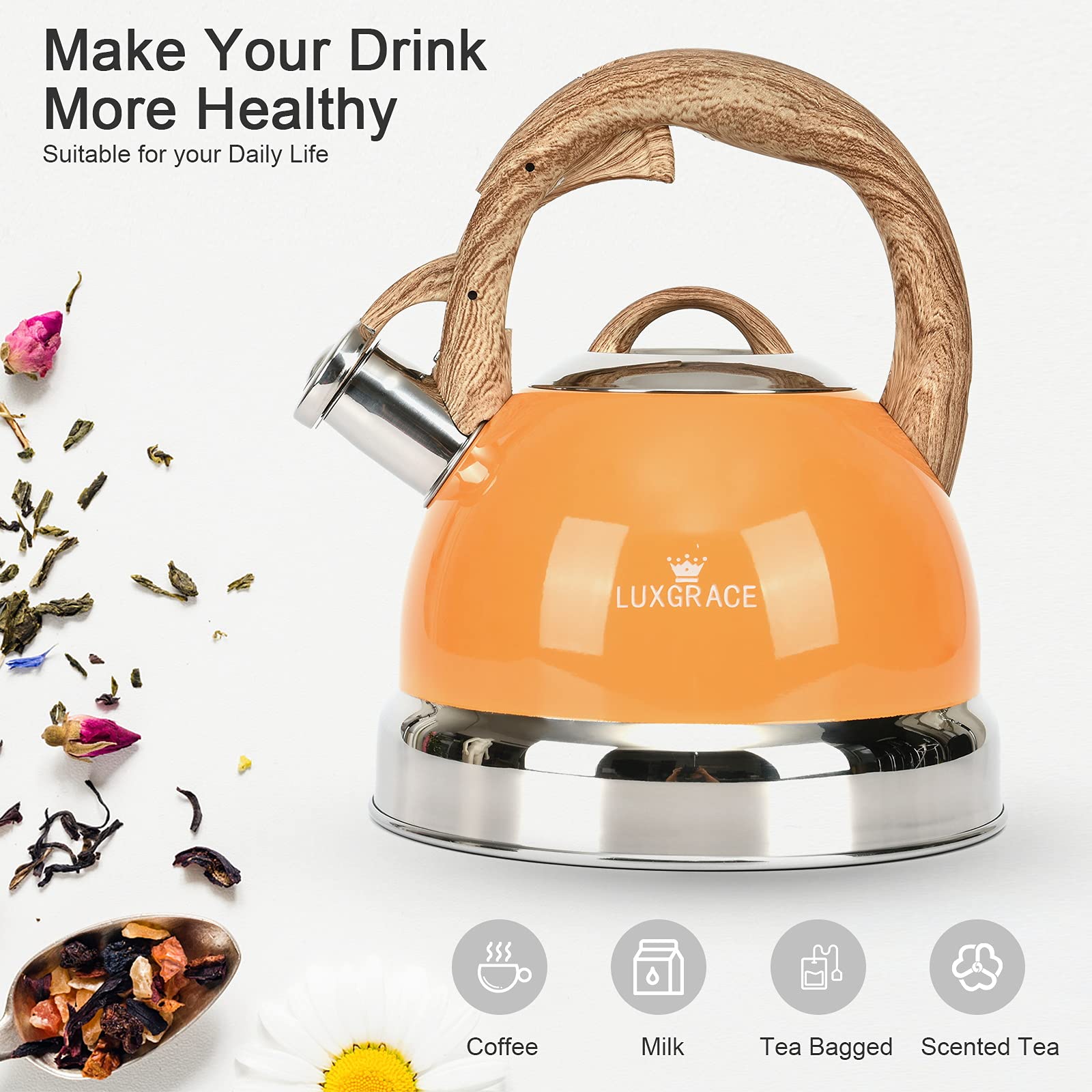 s-p Tea Kettle -2.5 Quart Stovetop Whistling Teapot Stainless Steel Tea Pots for Stove Top Whistle Tea Pot, Orange