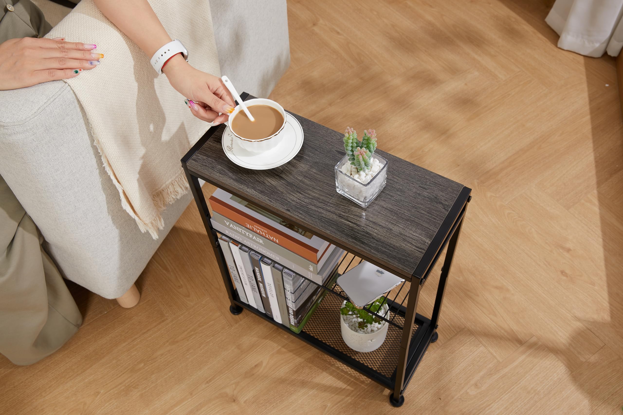 Small Side Table for Small Spaces - Slim End Table with Magazine Holder - 2 in 1 Design Narrow End Table Living Room - Skinny Bedside Table Nightstand Bedroom Thin Side Table (Grey)