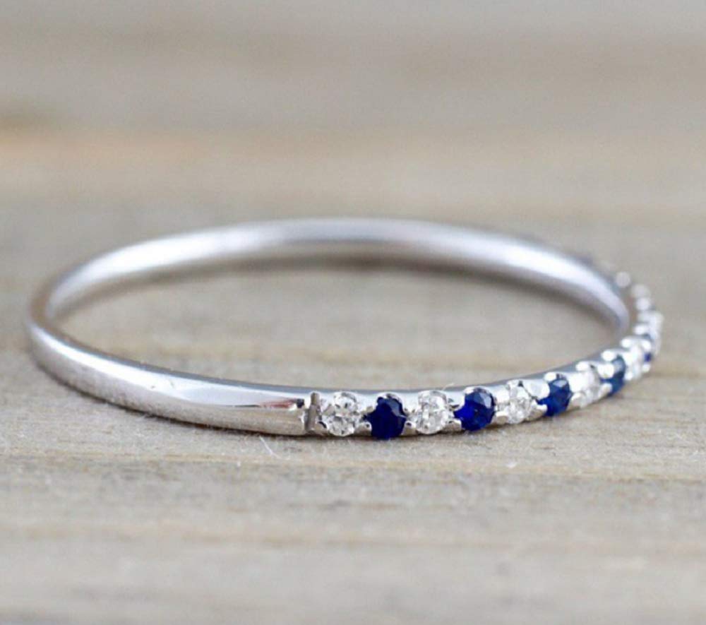 Yaya Women's 2mm 925Silver Blue Sapphire and White CZ Wedding Band Cubic Zirconia Half Eternity Stackable Engagement Anniversary Birthstone Ring Size 6 7 8 9 10 (8 US Code)