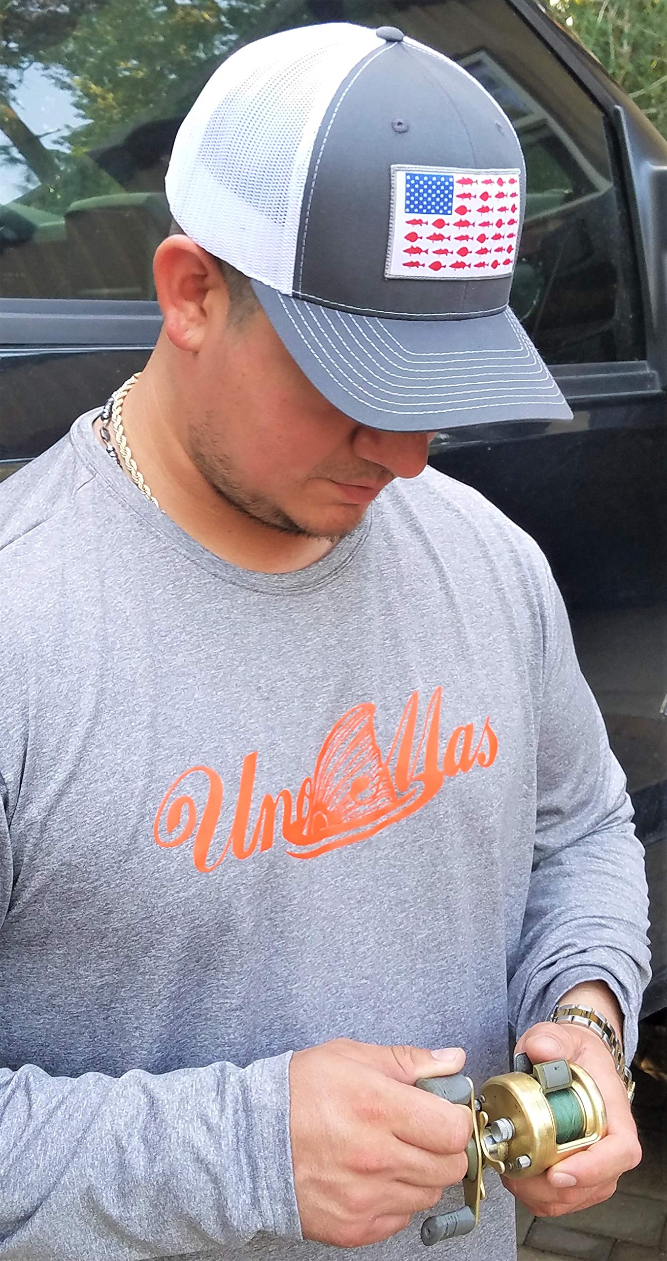 Uno Mas American Flag Gulf Slam Trucker Hat Redfish Flounder Trout Mesh Snapback Caps