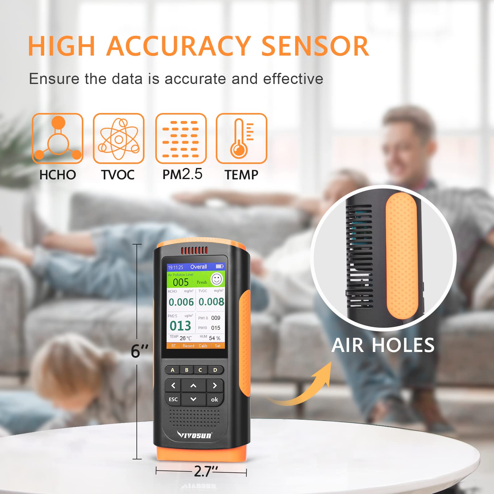 VIVOSUN Air Quality Monitor Indoor Pollution Detector Formaldehyde Tester, TVOC and PM2.5/PM1.0/PM10 Micron Dust Meter, Temp and Humidity Sensor Function