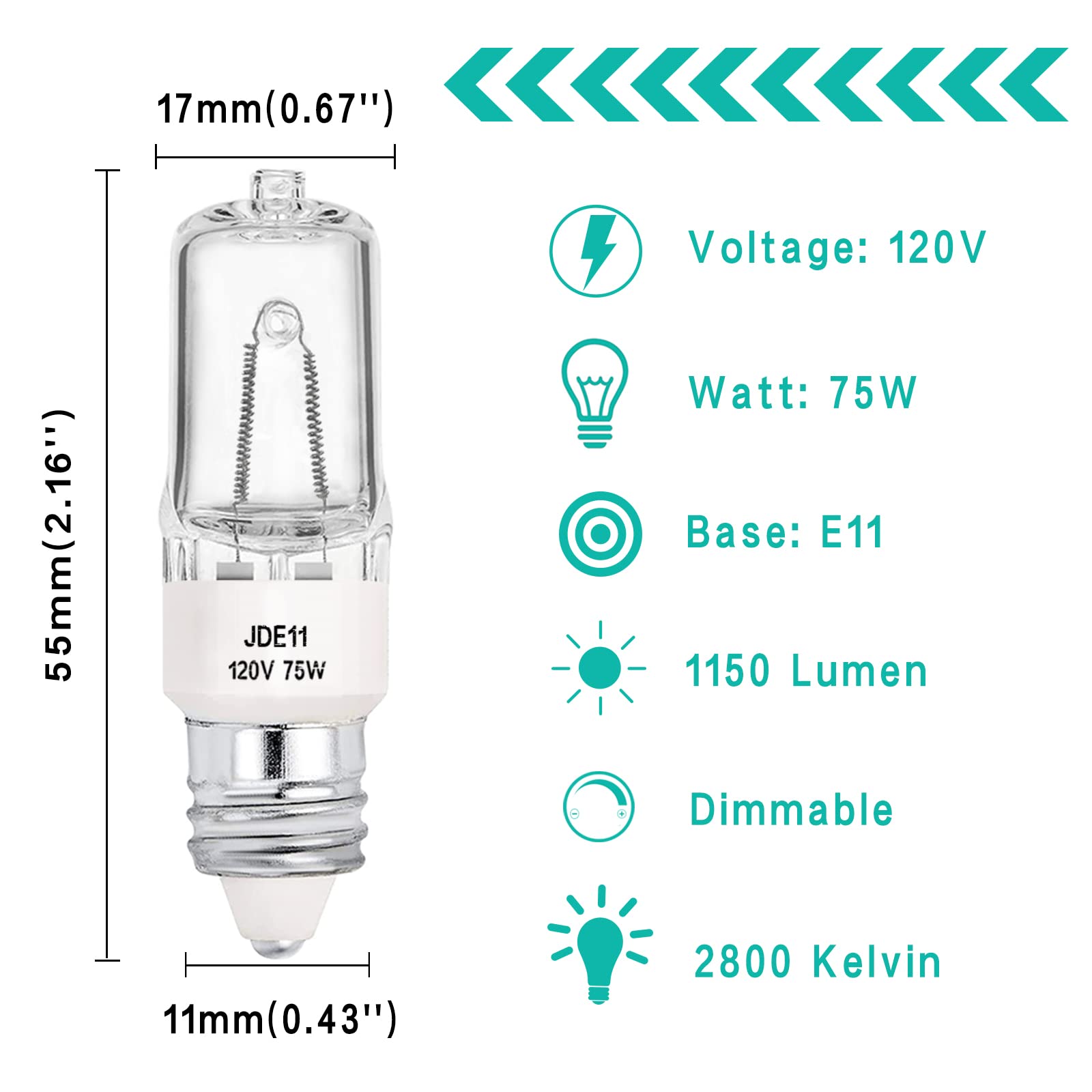 YBEK JDE11 75W 120V Halogen Bulb T4 Mini Candelabra Base Warm White 2800K Dimmable JD E11 Bulbs(Pack of 5)