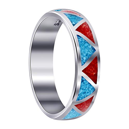 Southwestern Style Turquoise and Coral Gemstone 6mm Wedding Band 925 Sterling Silver Unisex Ring for Women Size 5.5