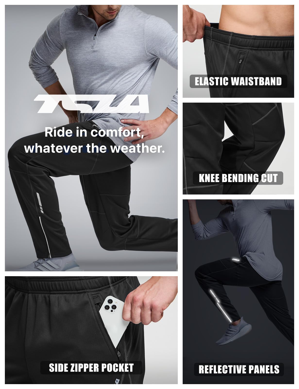 TSLA Men's Thermal Windproof Cycling Pants, Fleece Lined Outdoor Bike Pants, Winter Cold Weather Running Pants, Cycling Pants Black & Grey, Medium