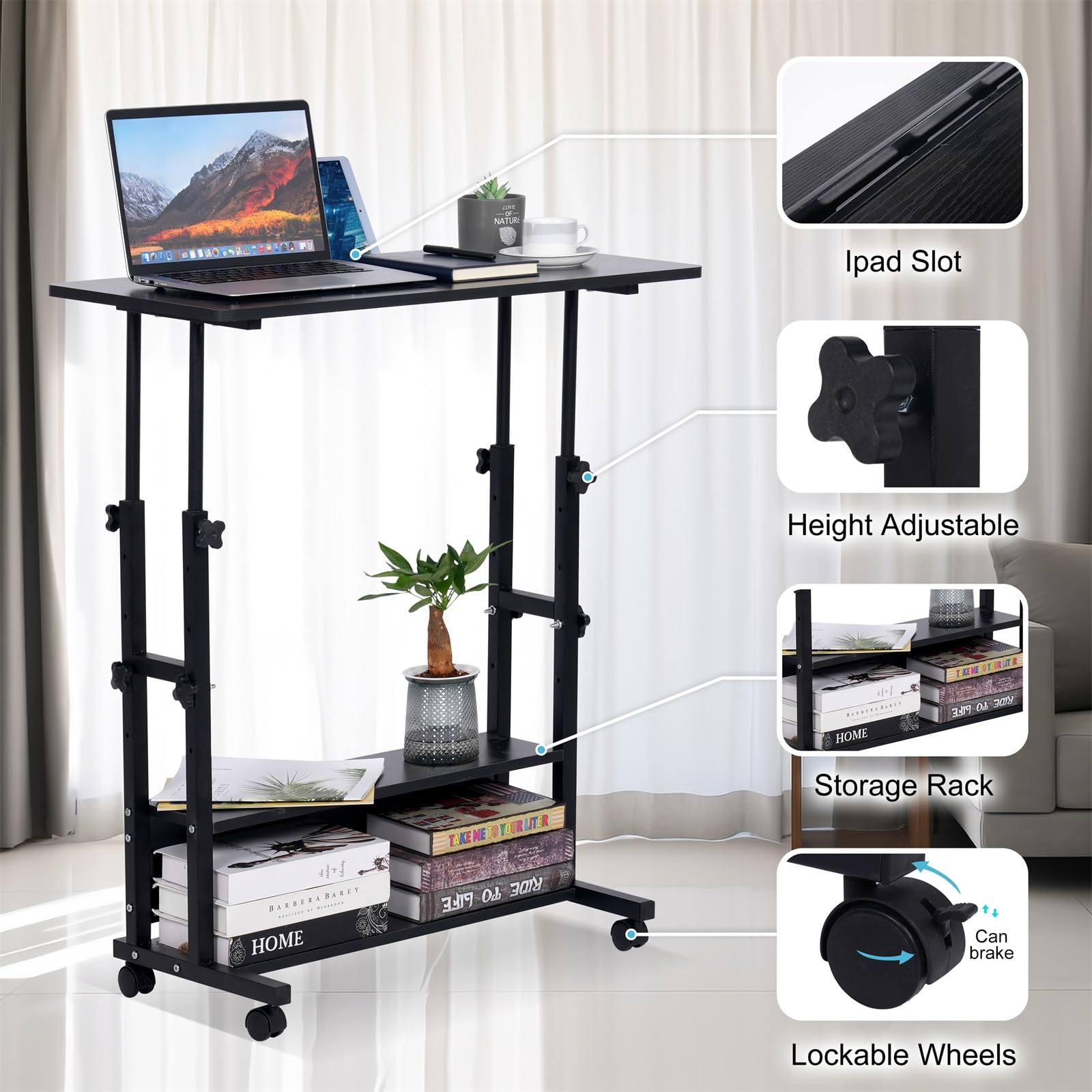 Small Standing Desk Adjustable Height, Mobile Stand Up Desk with Wheels, 32 Inch Portable Rolling Desk Small Computer Desk, Portable Laptop Desk Standing Table Sit Stand Home Office Desks Black