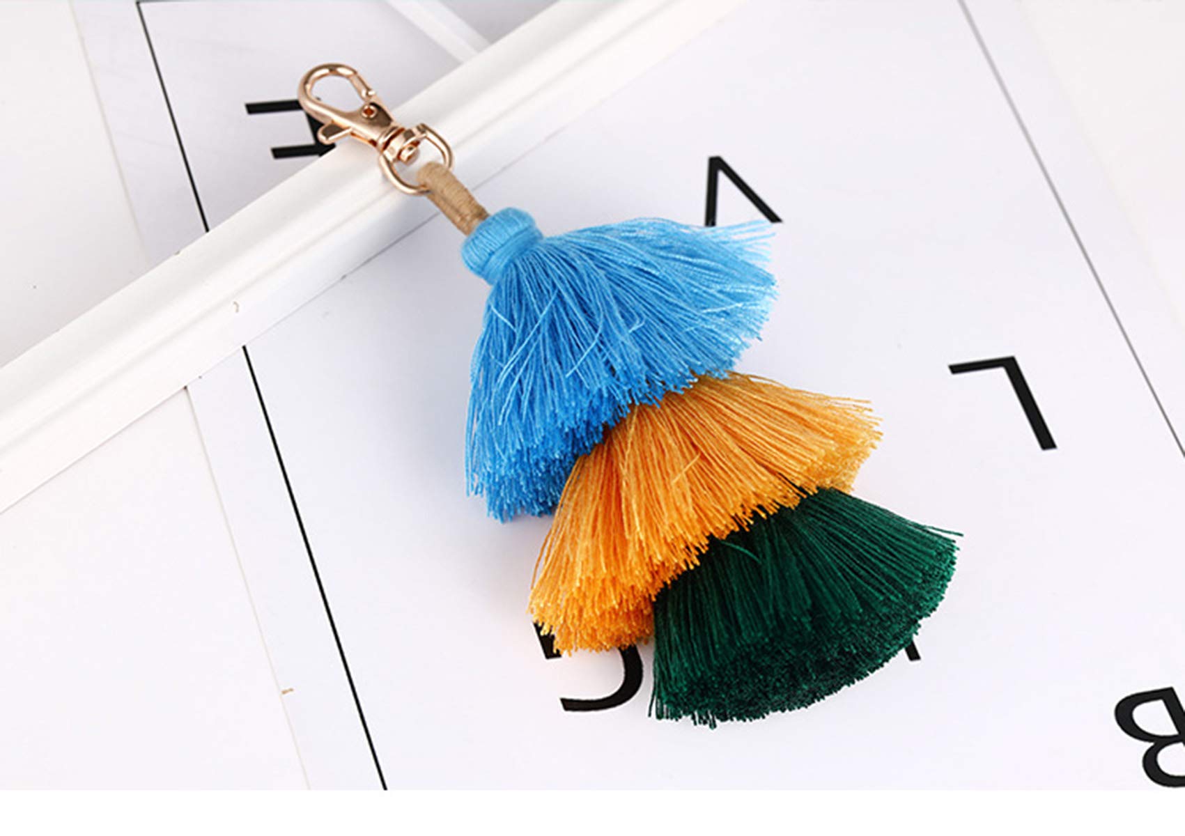 ZOONAI Women Colorful Tassels Charm Keychain Car Keyring Holder Bag Wallet Purse (Beige)