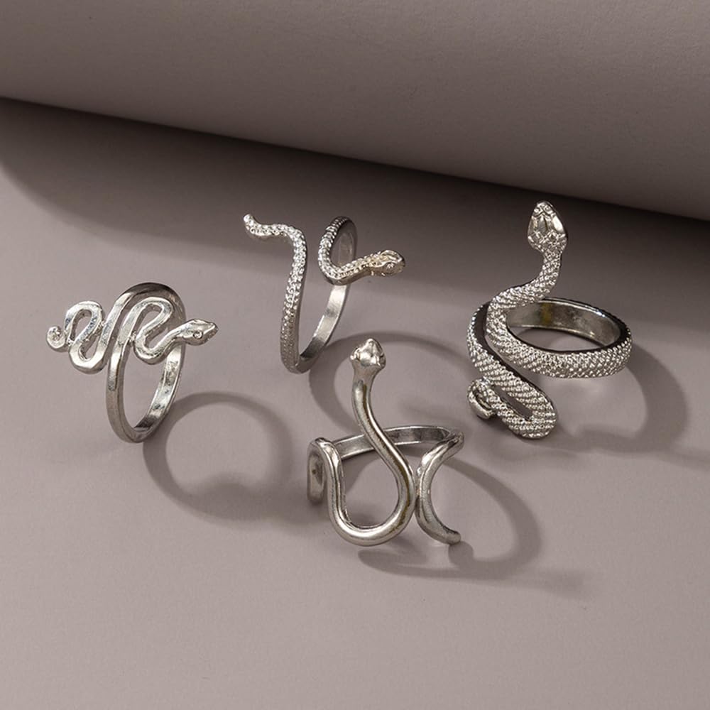 Wekicici 4pcs Snake Rings Set Boho Adjustable Open Stackable Ring Vintage Silver Knuckle Trendy Rings Sets for Women Girls Teens(Silver)