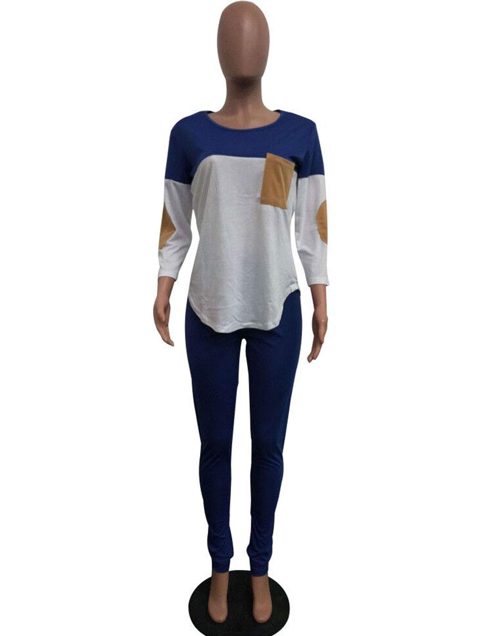 Womens Casual 2 Piece Outfits Long Sleeve Patchwork Sweatshirt Pullover Tops and Skinny Pants Suit Tracksuit Set Blue Large…
