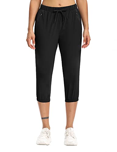 Womens Lightweight Joggers Capri Pants UPF 50+ Hiking Pants Sun Protect Capris for Summer(Black,M)