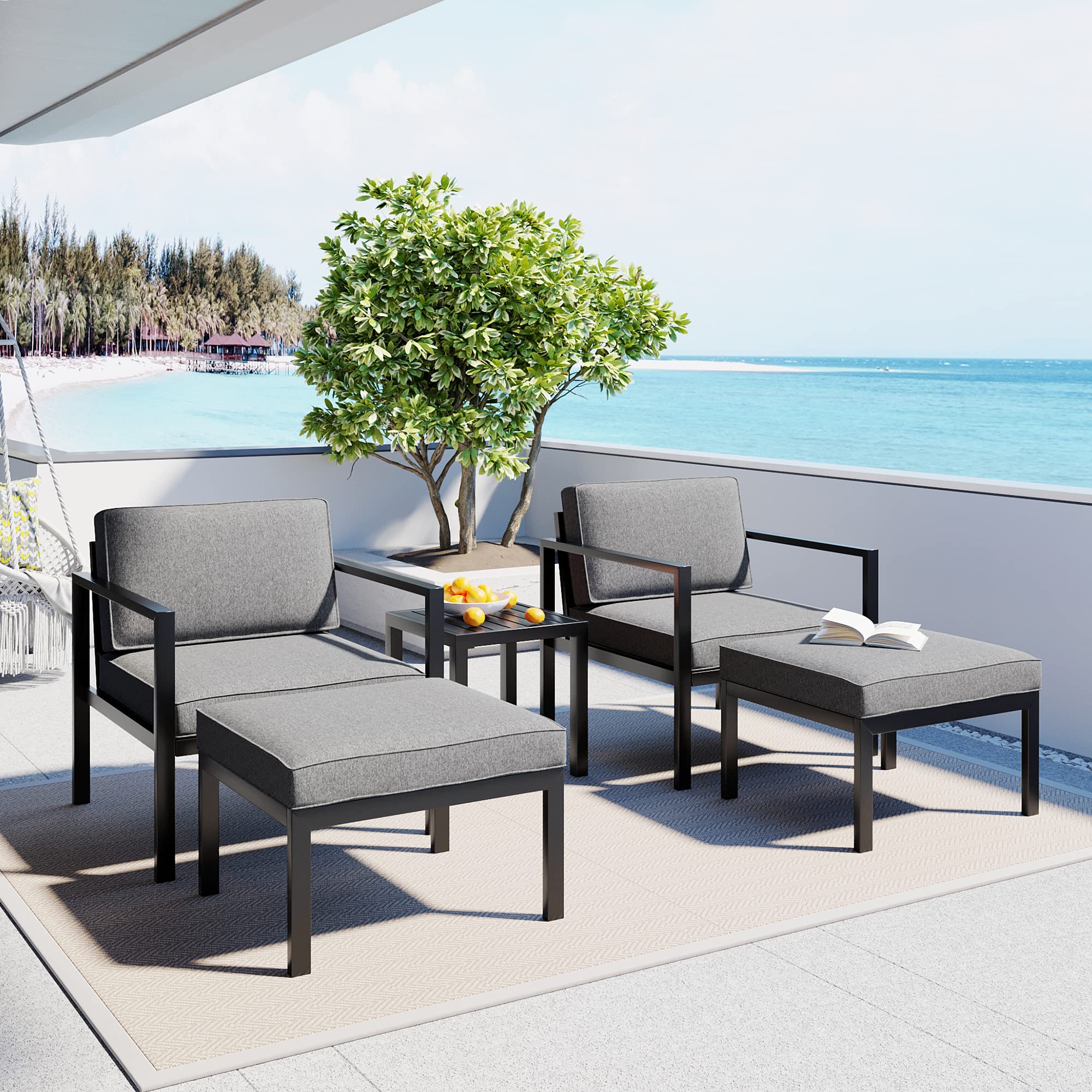 Tidyard Outdoor Patio 5-Piece Aluminum Alloy Conversation Set Sofa Set with Coffee Table and Stools for Poolside, Garden,Black Frame+Gray Cushion