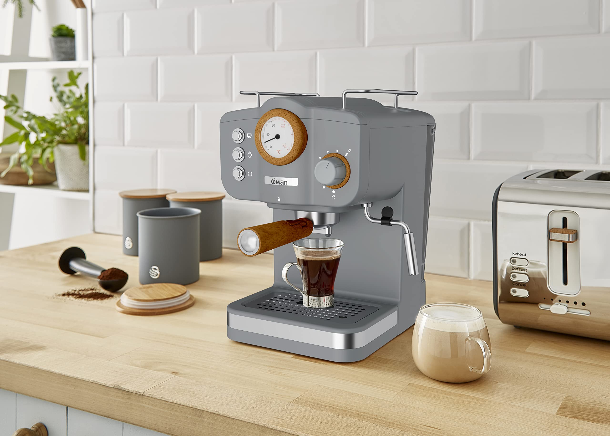 Swan Nordic Espresso Maker Machine, 15 Bars of Pressure, Milk Frother, 1.2L Tank, Scandi Style Matte Finish Slate Grey (SK22111GRYN)