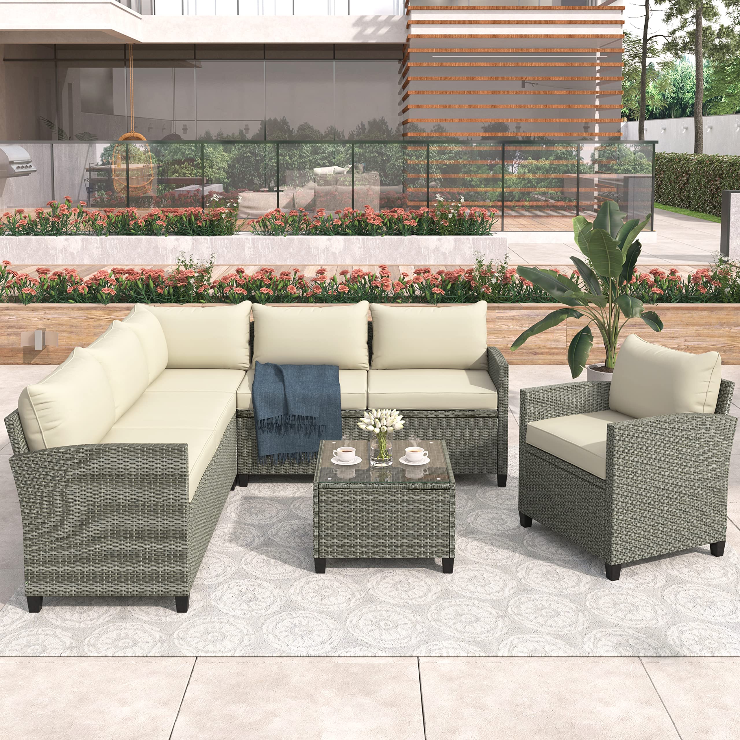 Tidyard Patio Furniture Set, 5 Piece Outdoor Conversation Set,with Coffee Table, Cushions and Single Chair