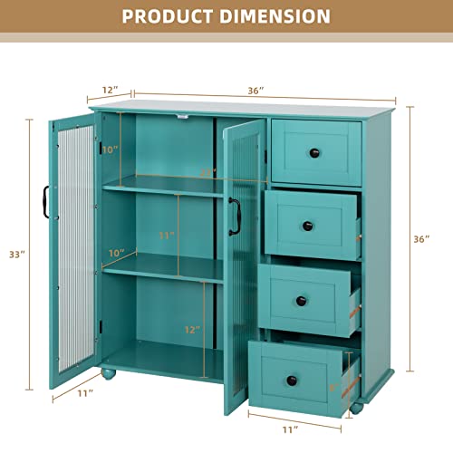 Scurrty 36'' Coffee Bar Cabinet Buffet Sideboard Table with Storage, Glass Display Cabinet, 4 Drawers & 2 Doors Kitchen Cupboard, Storage Organizer for Dining Room, Living Room, Entryway, etc (Green)