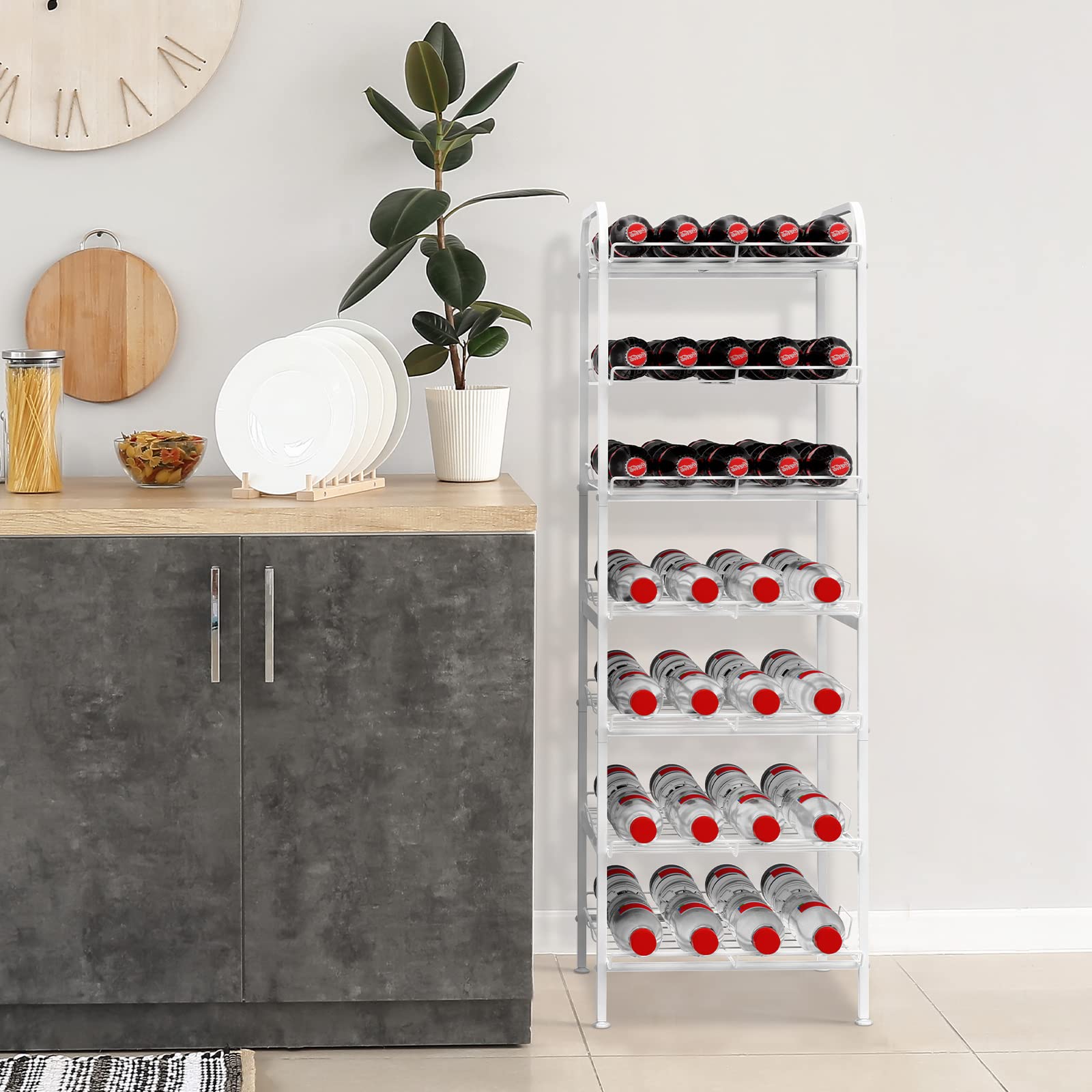 Vrisa Water Bottle Organizer Free Standing Water Bottle Storage Rack Adjustable Water Bottle Holder for Kitchen Pantry Food Storage White 7 Tier