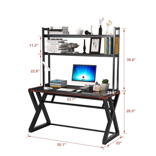 URRED Computer Desk with Shelves - Glass Top and Metal Frame Black Desk with 2 Tiers Shelves Modern Computer Desk with Storage Shelves for Home Office (55.1 inch+Shelves)