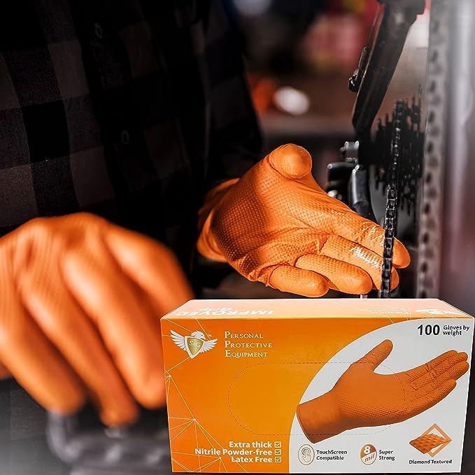 S&G Orange Nitrile Gloves | 100 Pcs | XL | Disposable Latex-Free 8Mil Thick Heavy Duty Powder-Free for Mechanics, Industrial