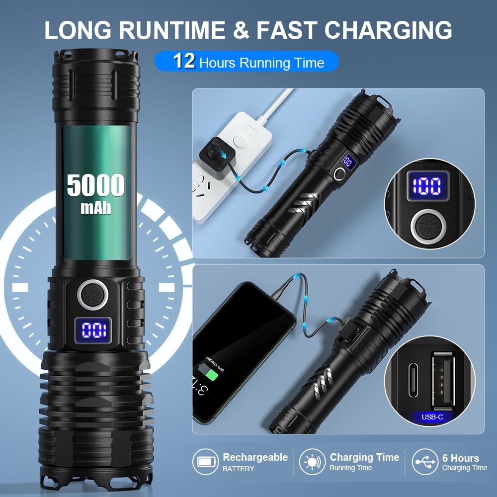 taoquwe Flashlights High Lumens LED Rechargeable, 900,000 Lumen Brightest Flash Light, High Power Flashlight USB with 5000 mAh Capacity, Waterproof Handheld LED Flashlight for Camping Hiking
