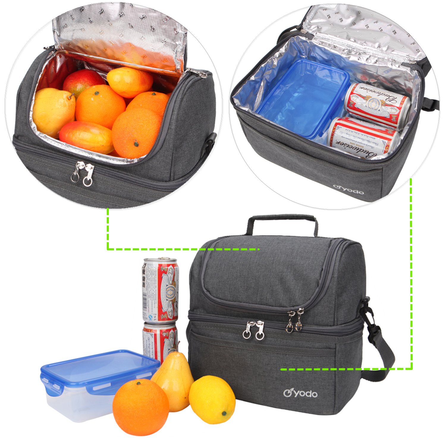 yodo Large Lunch Bag Double Layer Cooler Tote Bag for Adult Women and Men - Idea for Beach, Picnics, Road Trip, Meal Prep, Everyday Lunch to Work, Gray