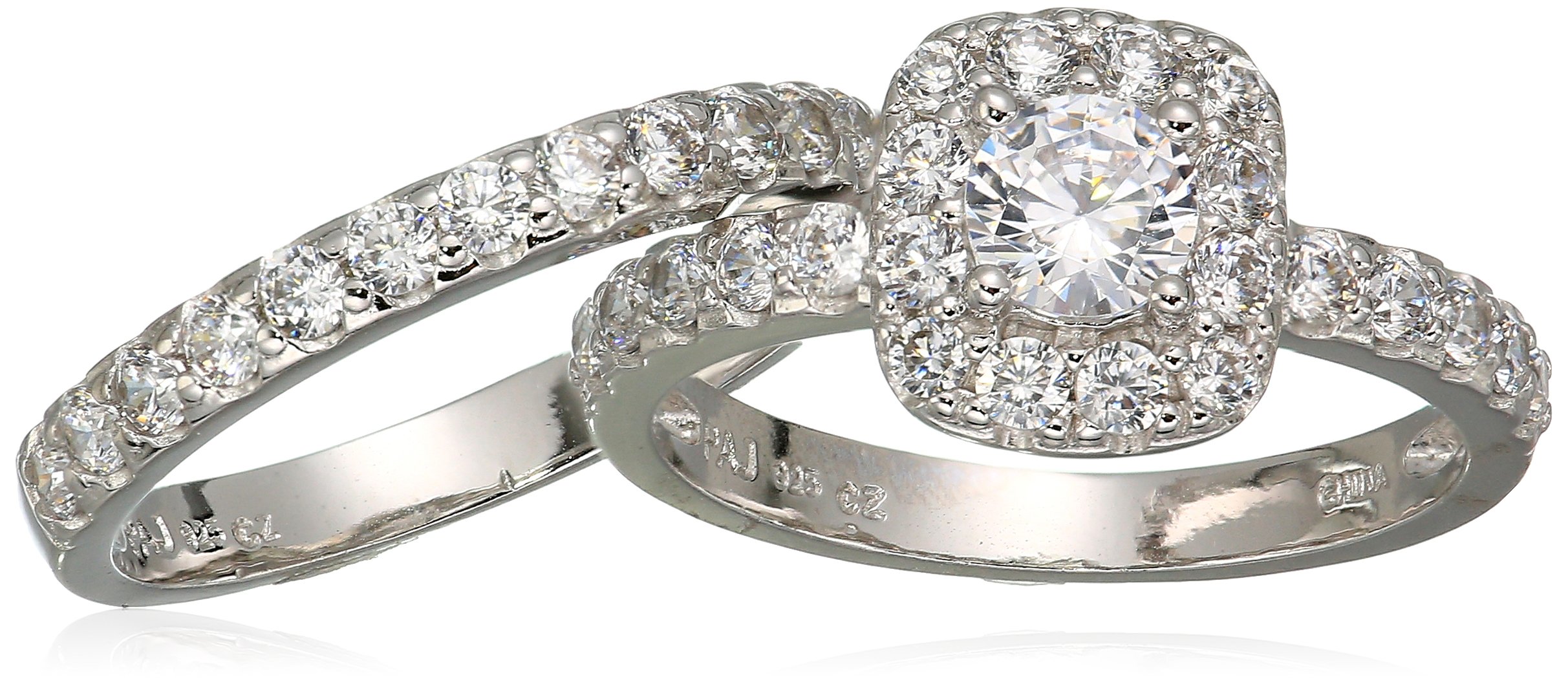Sterling Silver Cubic Zirconia Halo Bridal Wedding Ring Set, Size 7