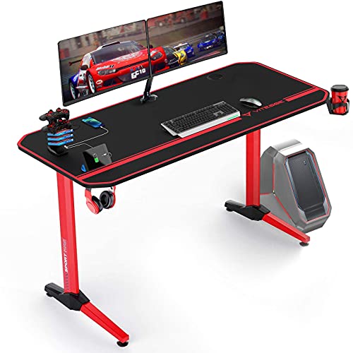 VITESSE Ergonomic Gaming Desk 55 Inch, T Shaped Office PC Computer Desk with Desk Mouse Pad, Gamer Tables with Gaming Handle Rack, Cup Holder Headphone Hook