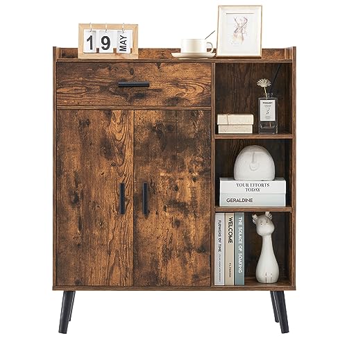 usikey Storage Cabinet, Floor Storage Cabinet with 2 Doors & 3 Shelves, Mid Century Cabinet, Accent Cabinet for Living Room, Entryway, Office, Rustic Brown