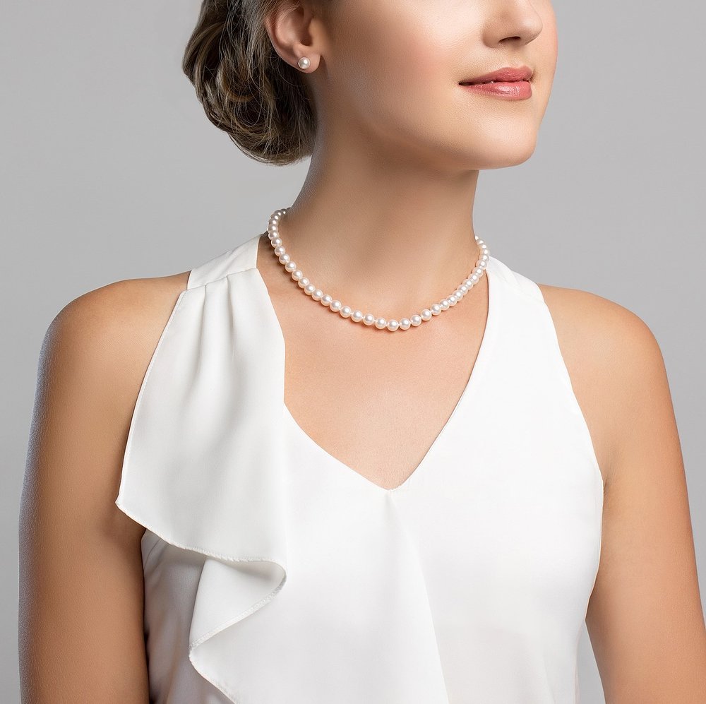 The Pearl Source 14K Gold 6.5-7.0mm AAAA Quality Round White Freshwater Cultured Pearl Necklace for Women in 36" Opera Length